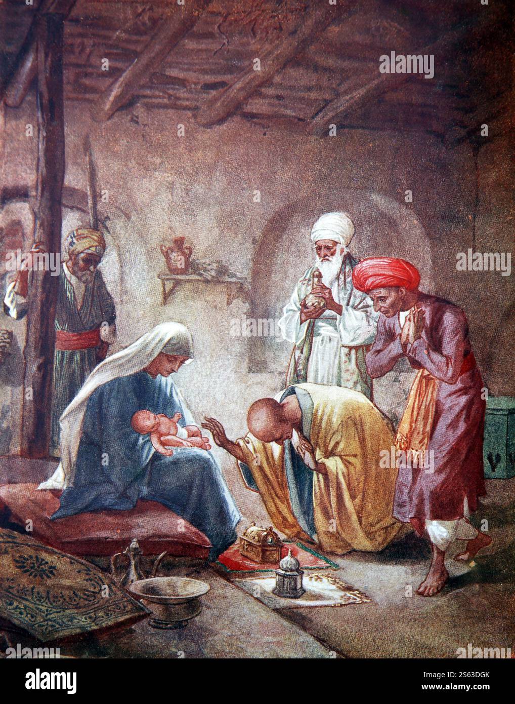 Colour Plate of The Nativity Three Wise Men Gifting Gold, Frankincense ...