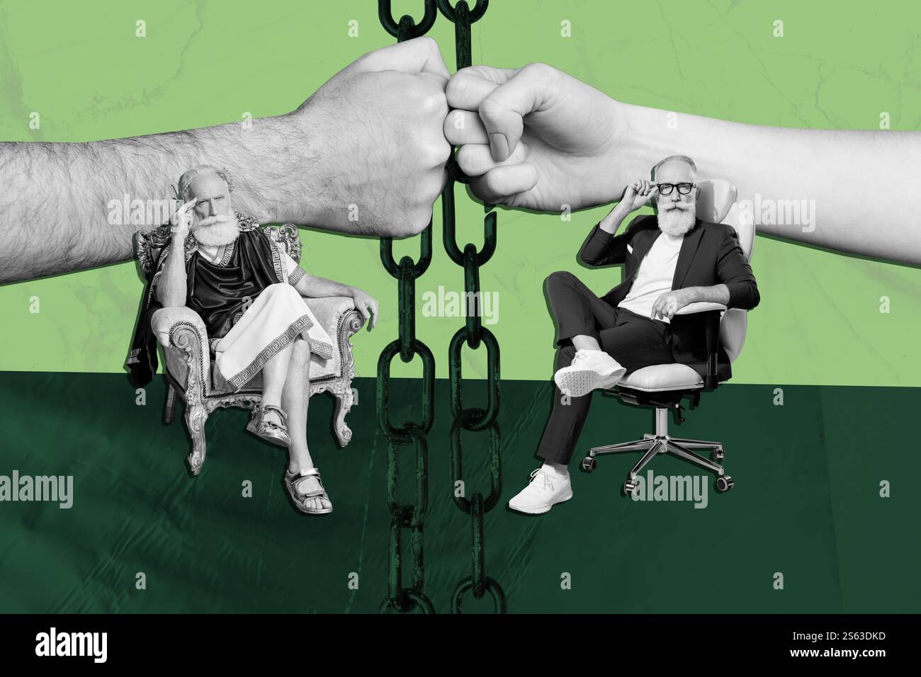 Exclusive art banner collage of two serious modern businessman ancient ...