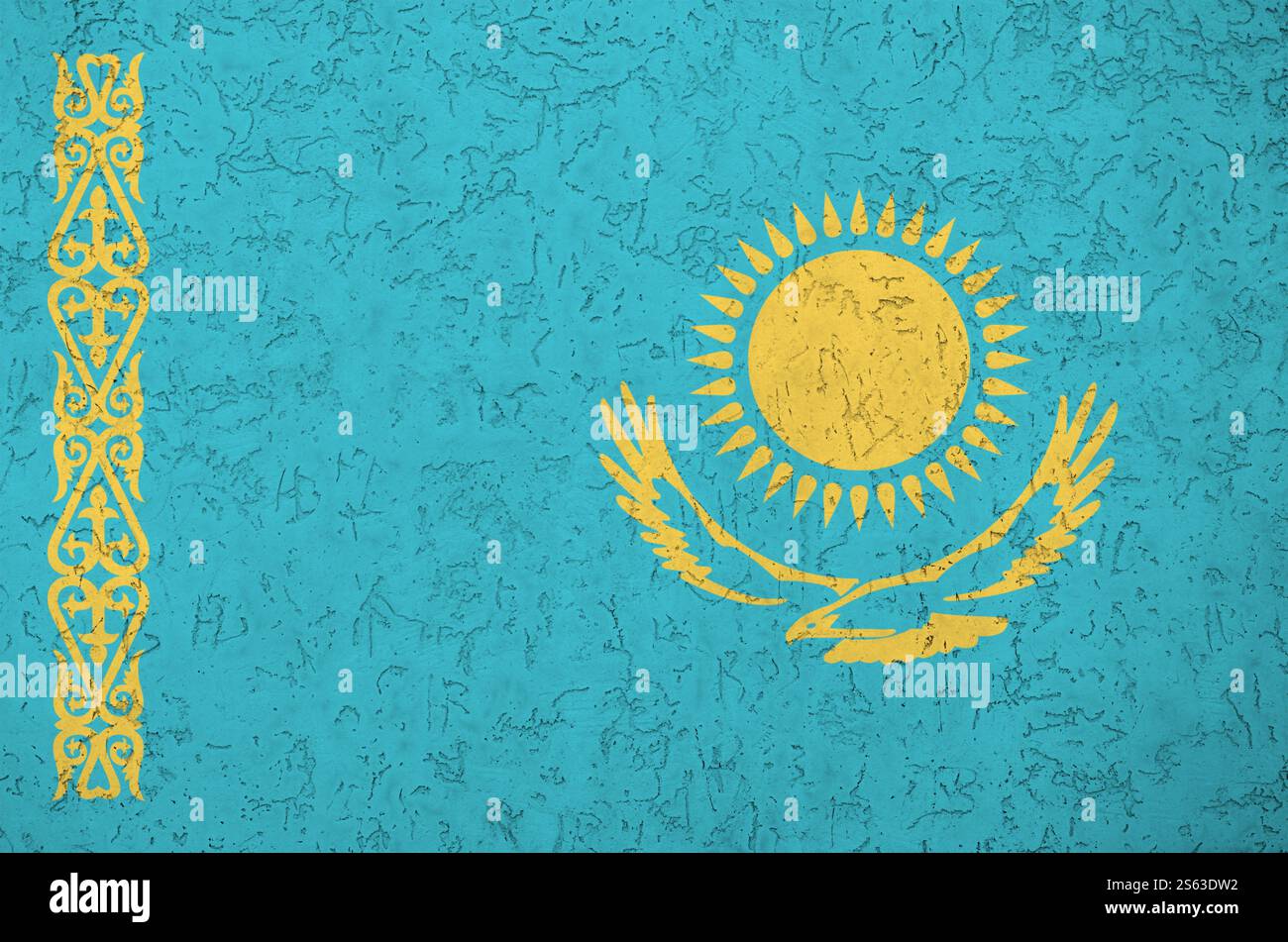 Kazakhstan flag depicted in bright paint colors on old relief ...