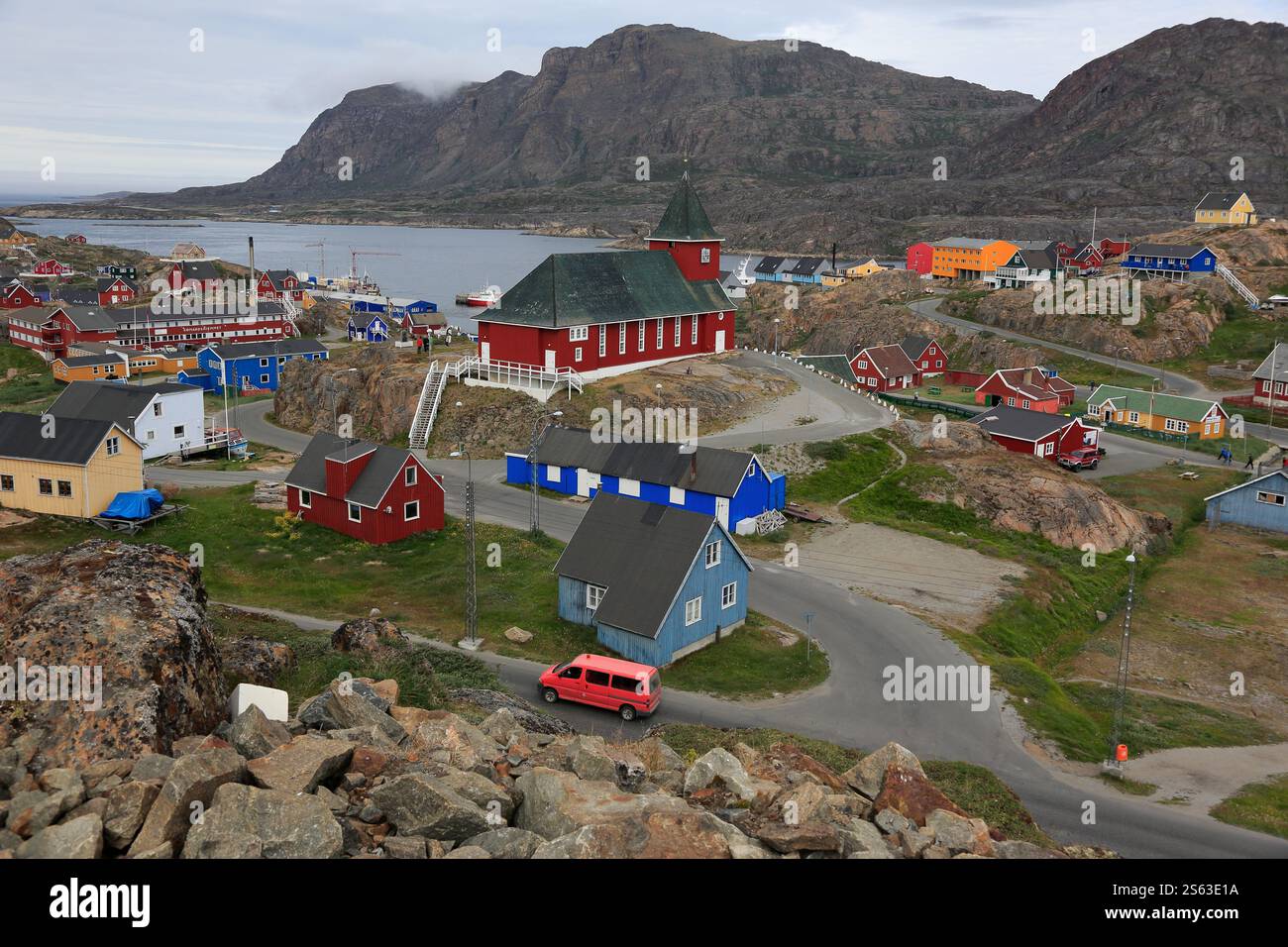 The town of Sisimiut with the harbor and Kangerluarsunnguaq Bay in the ...