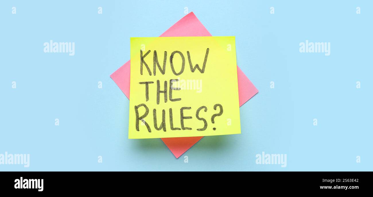 Sticky note with text KNOW THE RULES? on light blue background Stock ...