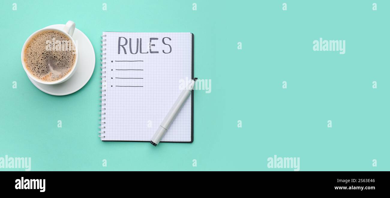 Notebook with blank list of rules and coffee on turquoise background ...