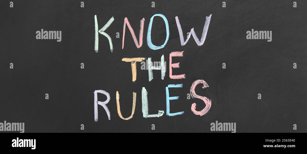 Text KNOW THE RULES on blackboard Stock Photo - Alamy