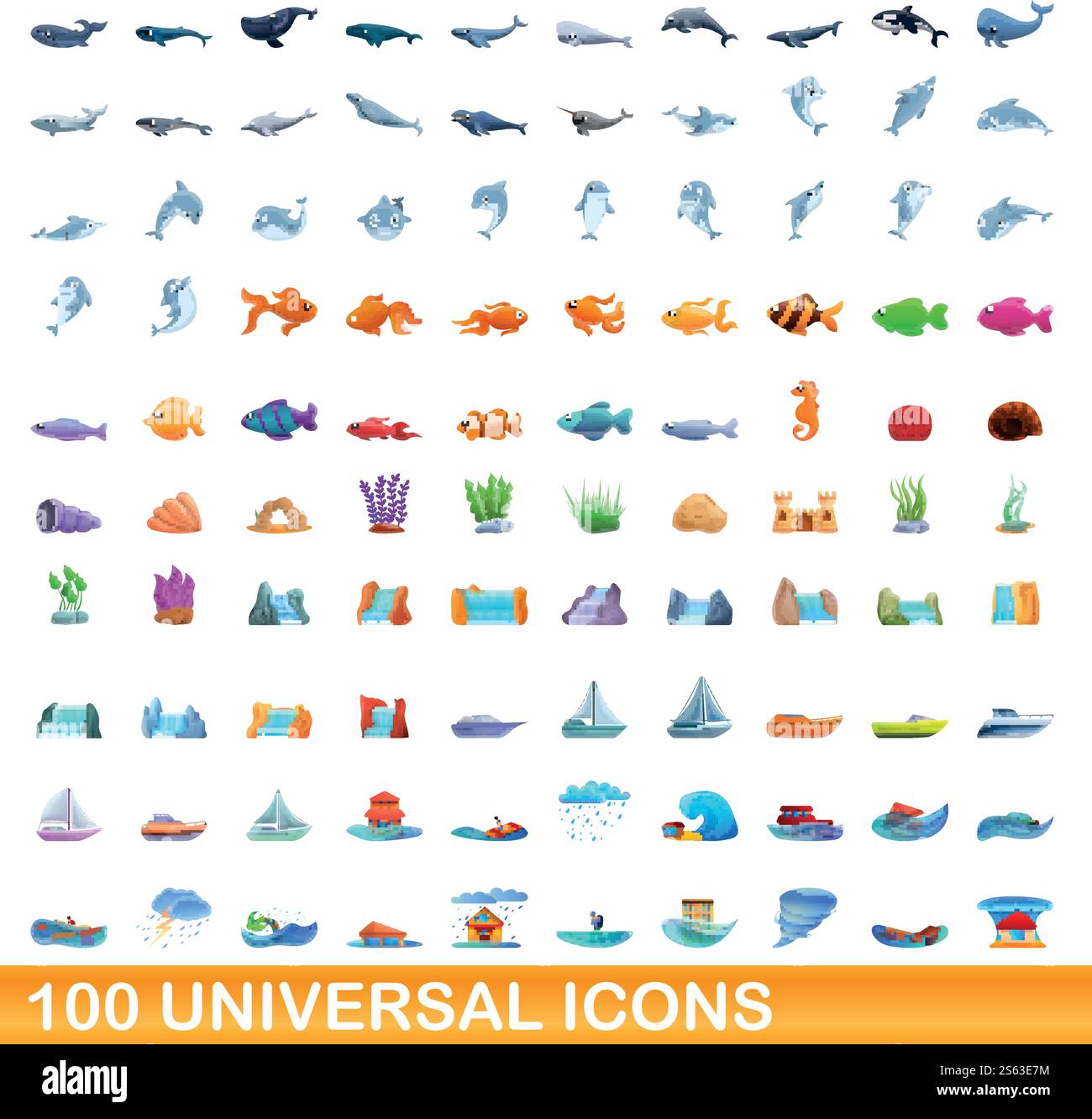 100 universal icons set. Cartoon illustration of 100 universal icons ...