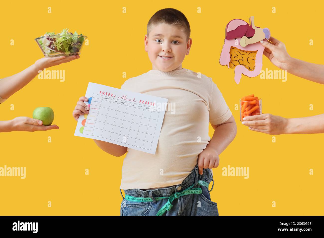 Overweight boy holding meal plan and female hands with healthy food on ...