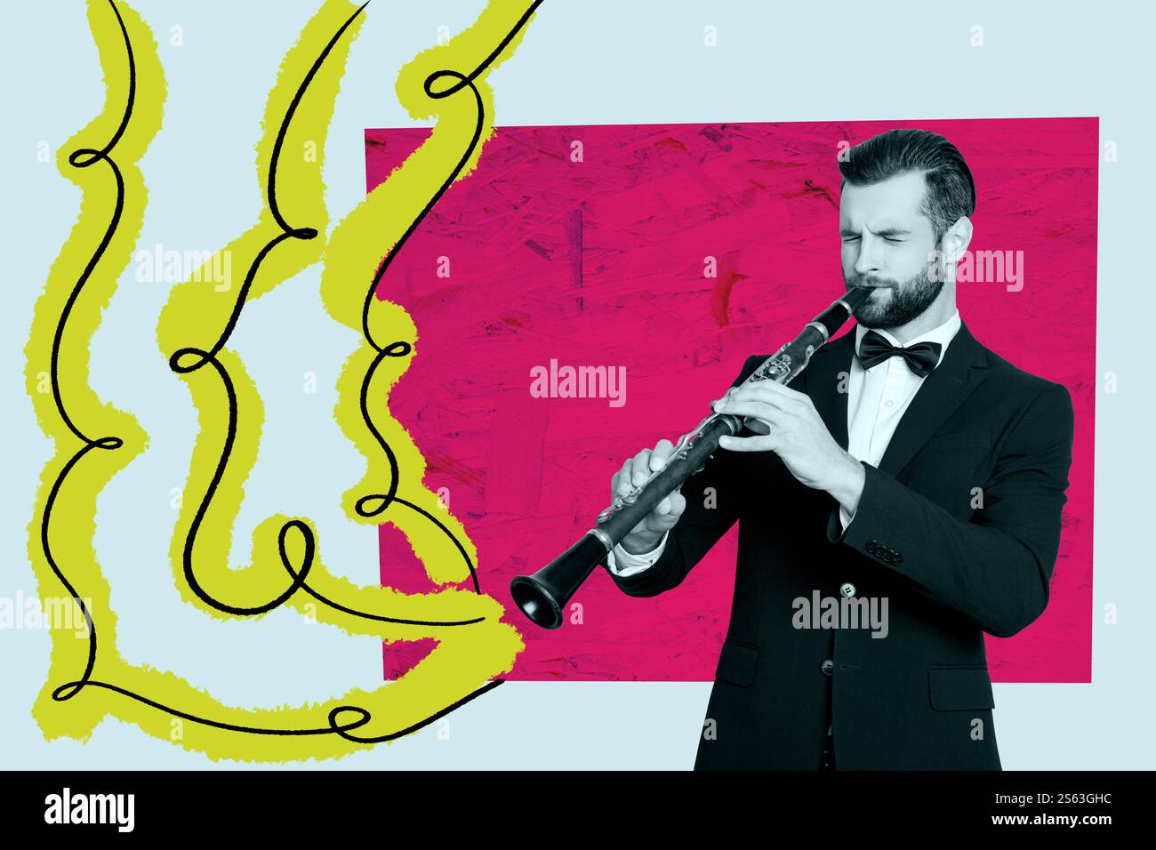 Exclusive art banner collage of serious man flutist wear elegant suit ...