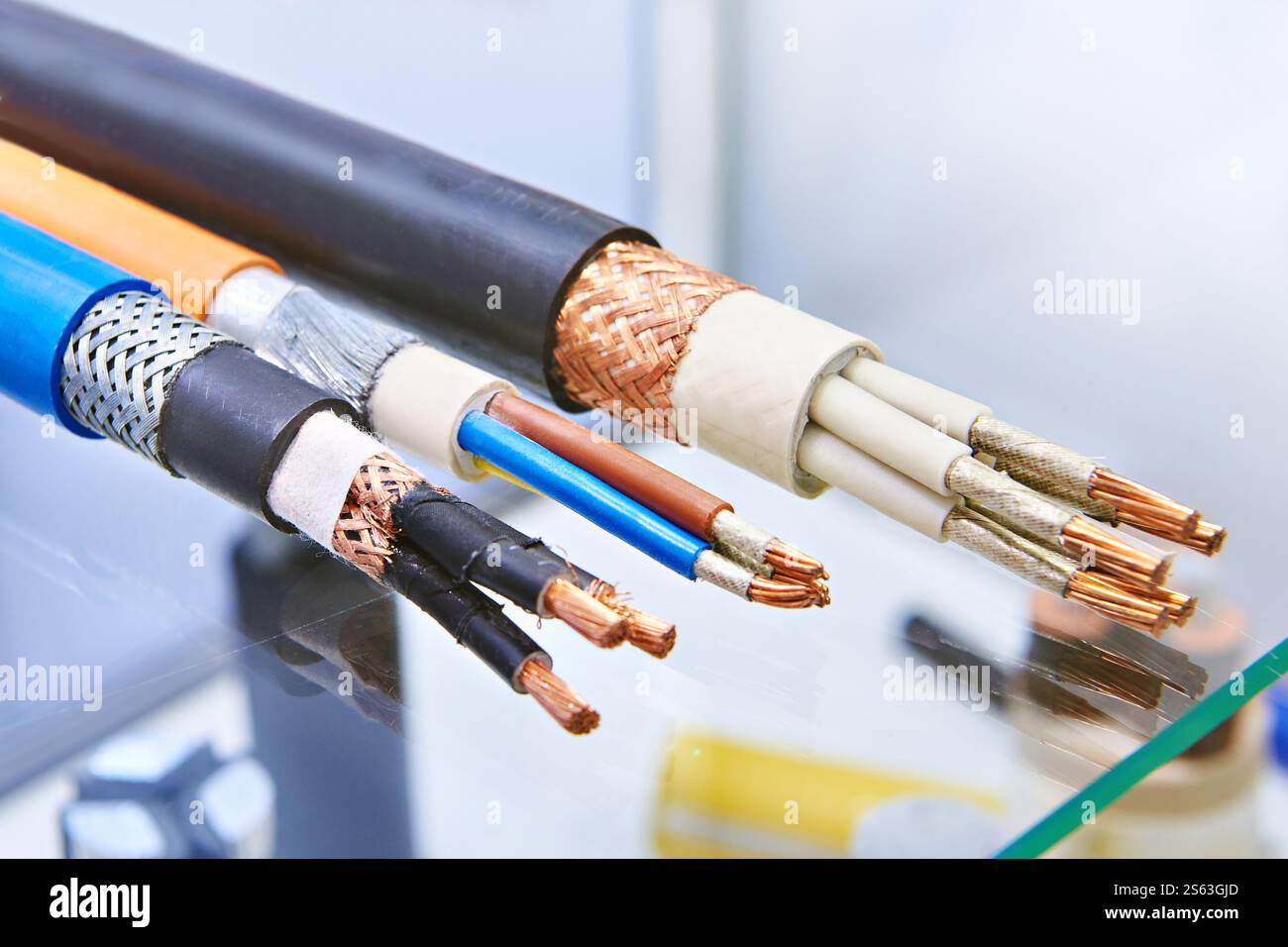 Samples of electric power cable in the section at the exhibition Stock ...