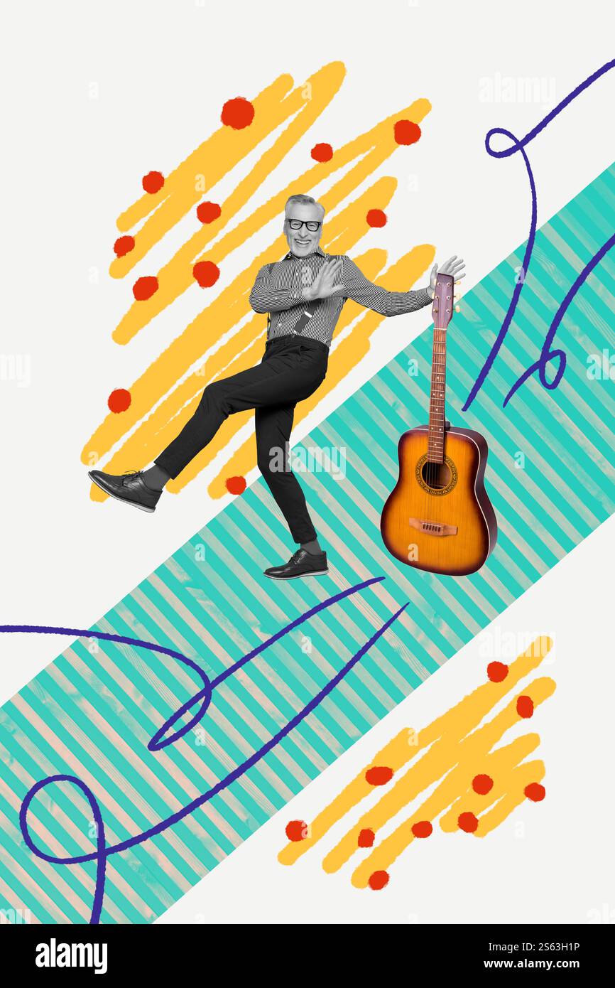 Vertical sketch 3d artwork collage poster of happy old man dance retro ...