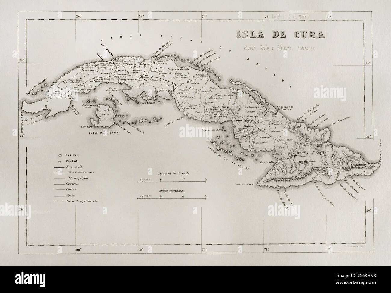 Map of the Island of Cuba (Spanish colonial period). Engraving. Crónica ...