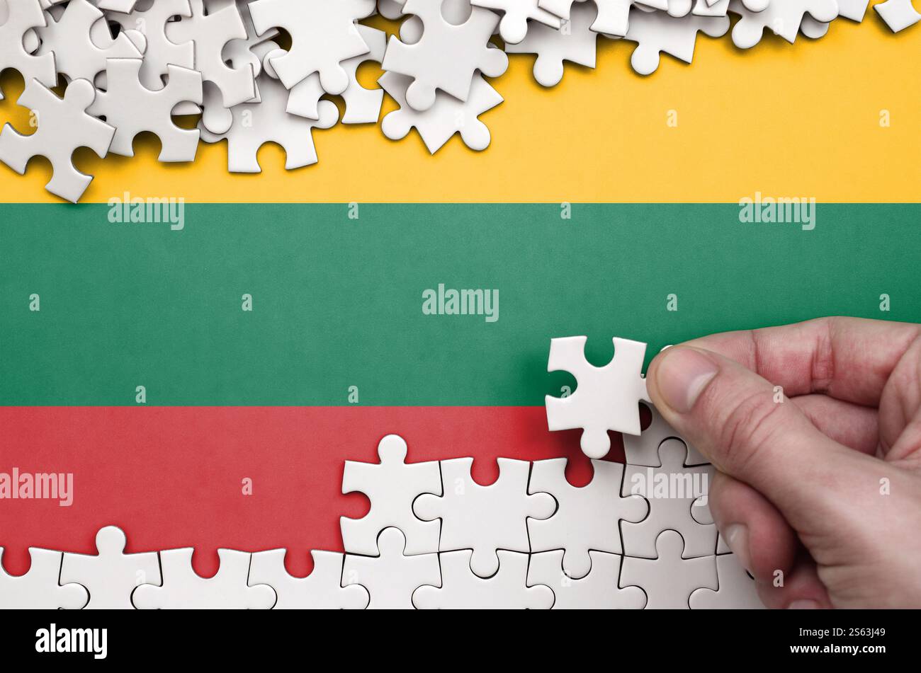 Lithuania flag is depicted on a table on which the human hand folds a ...