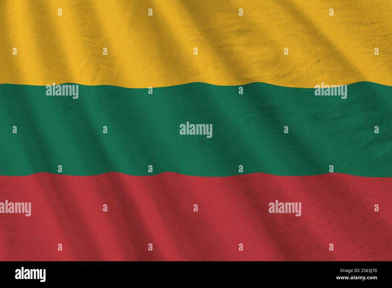 Lithuania flag with big folds waving close up under the studio light ...