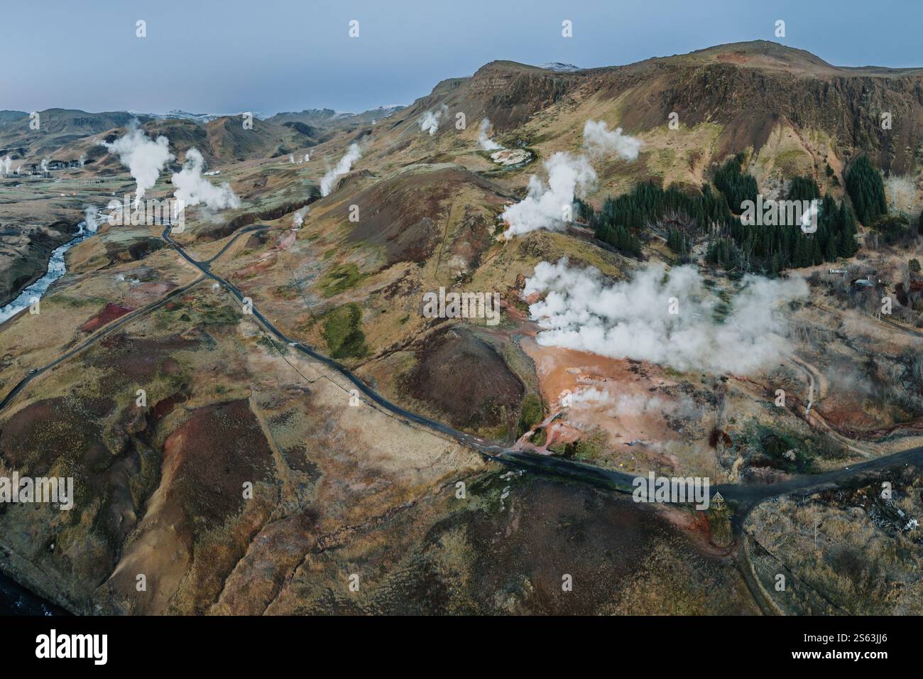 Aerial view of Hveragerdi, South Iceland, showcasing geothermal steam ...