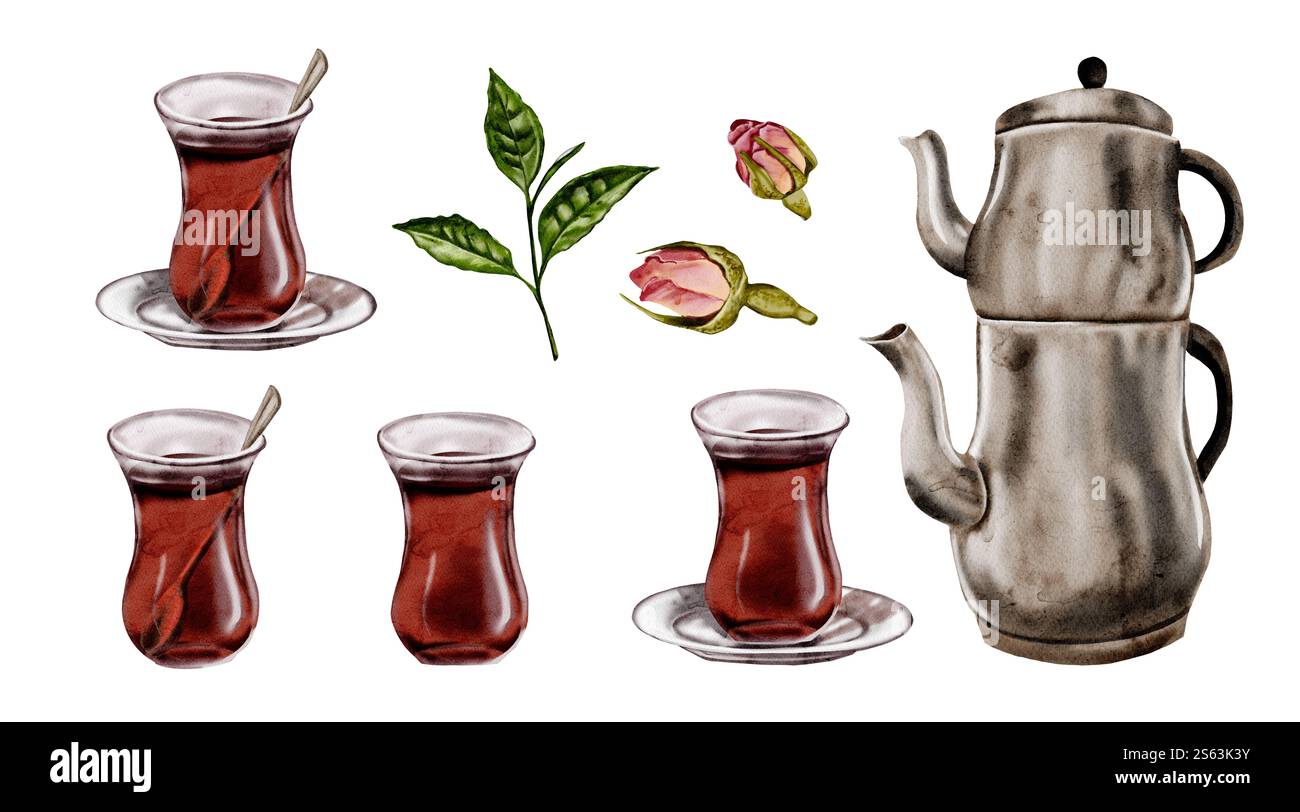 traditional Turkish tea. Two-tier kettle samovar and a set of different ...