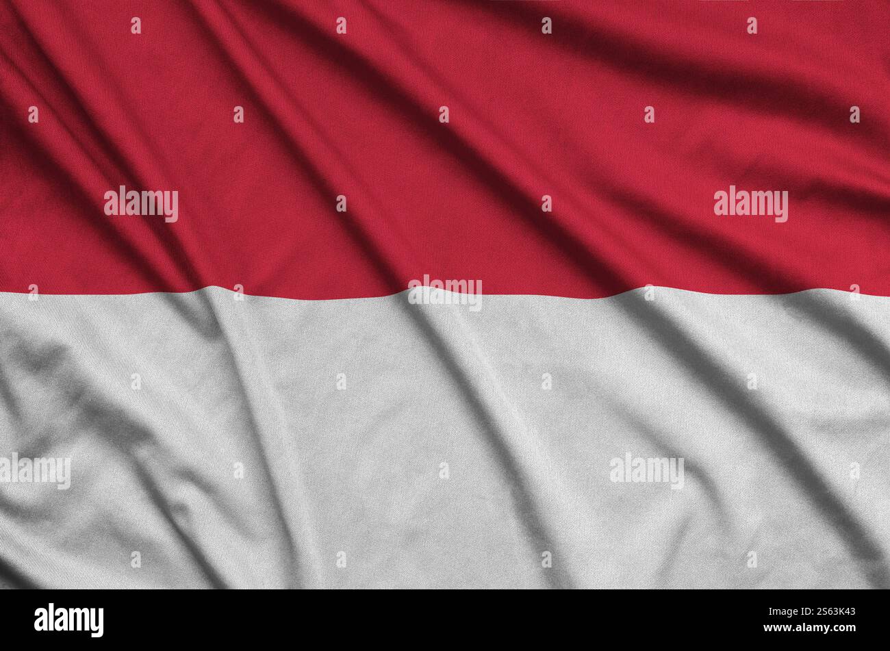 Monaco flag is depicted on a sports cloth fabric with many folds. Sport ...