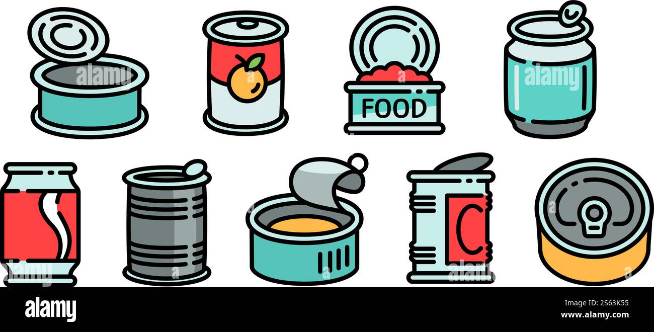 Tin can icons set. Outline set of tin can vector icons for web design ...