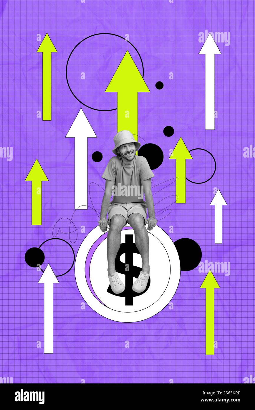 Vertical art banner collage of happy businessman sit coin dollar income ...