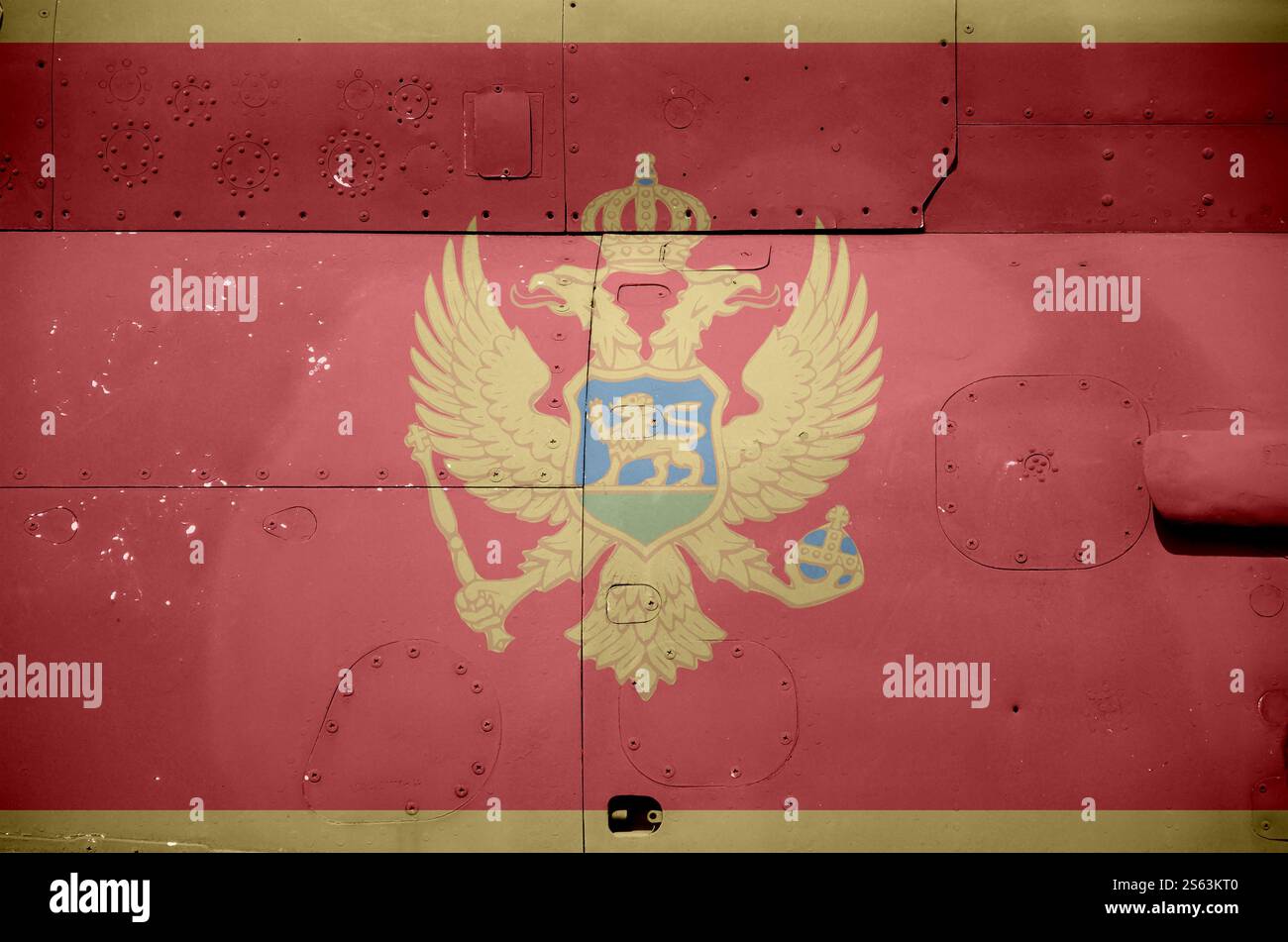 Montenegro flag depicted on side part of military armored helicopter ...