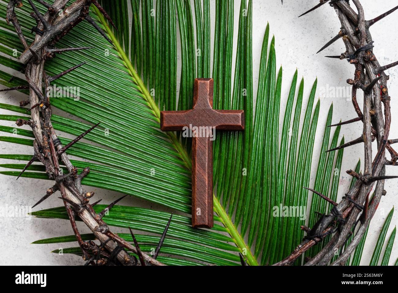Crown of thorns, wooden cross on palm leaf. Palm sunday and holy week ...