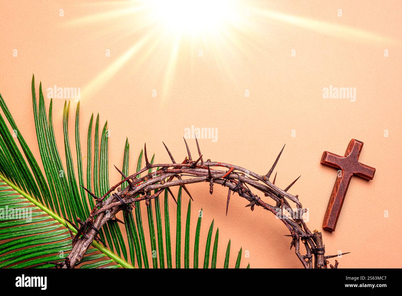 Crown of thorns, wooden chriatian cross and palm leaves on pink orange ...