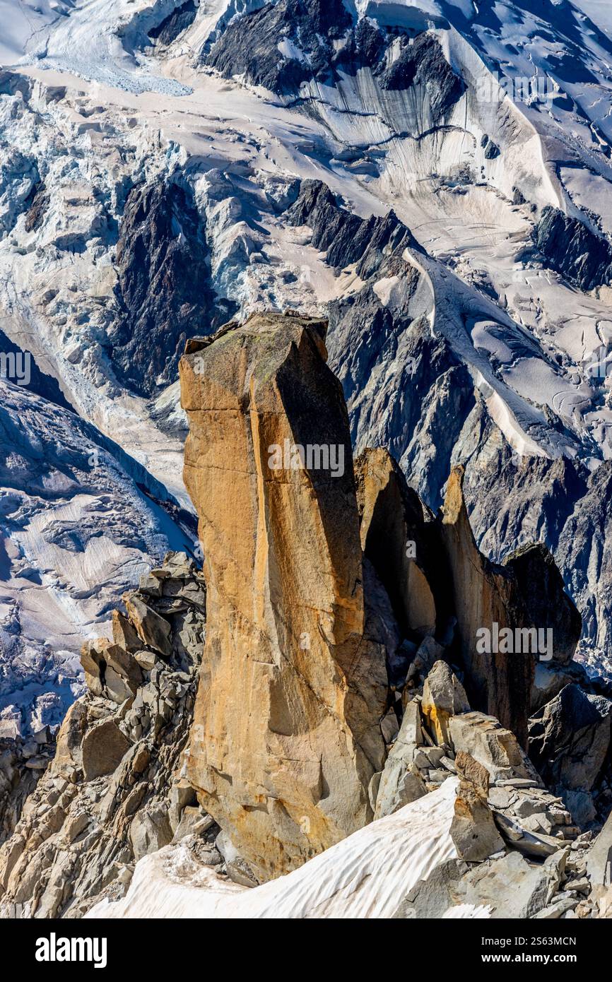 Snow mountain summits and white ice glacier in the Alps. Mont Blanc climbing route and views ...