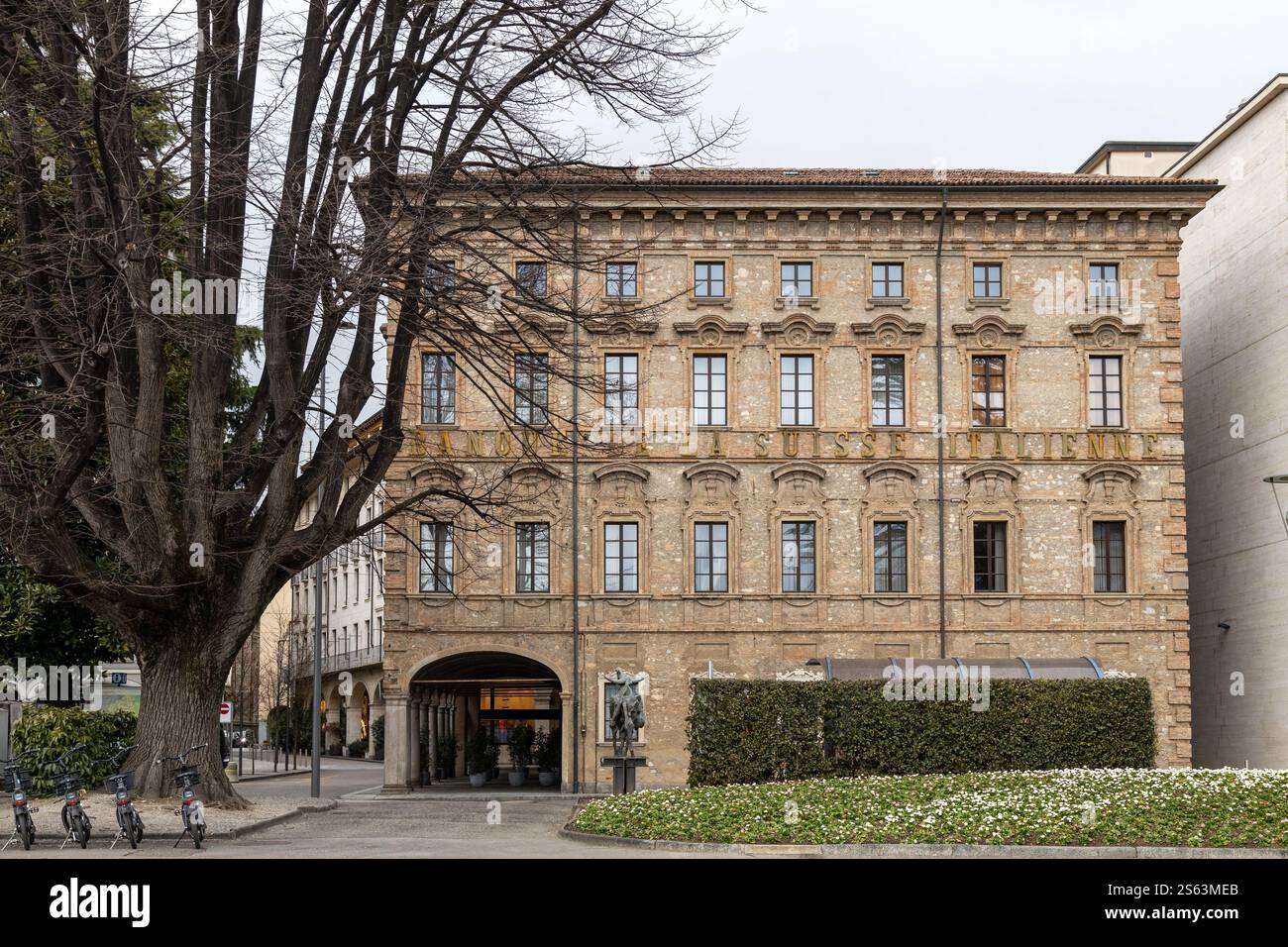 Lugano, Switzerland - Dec 22, 2024: Historic facade of the former Banca ...