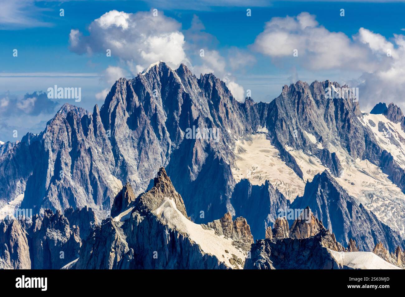 Snow mountain summits and white ice glacier in the Alps. Mont Blanc ...