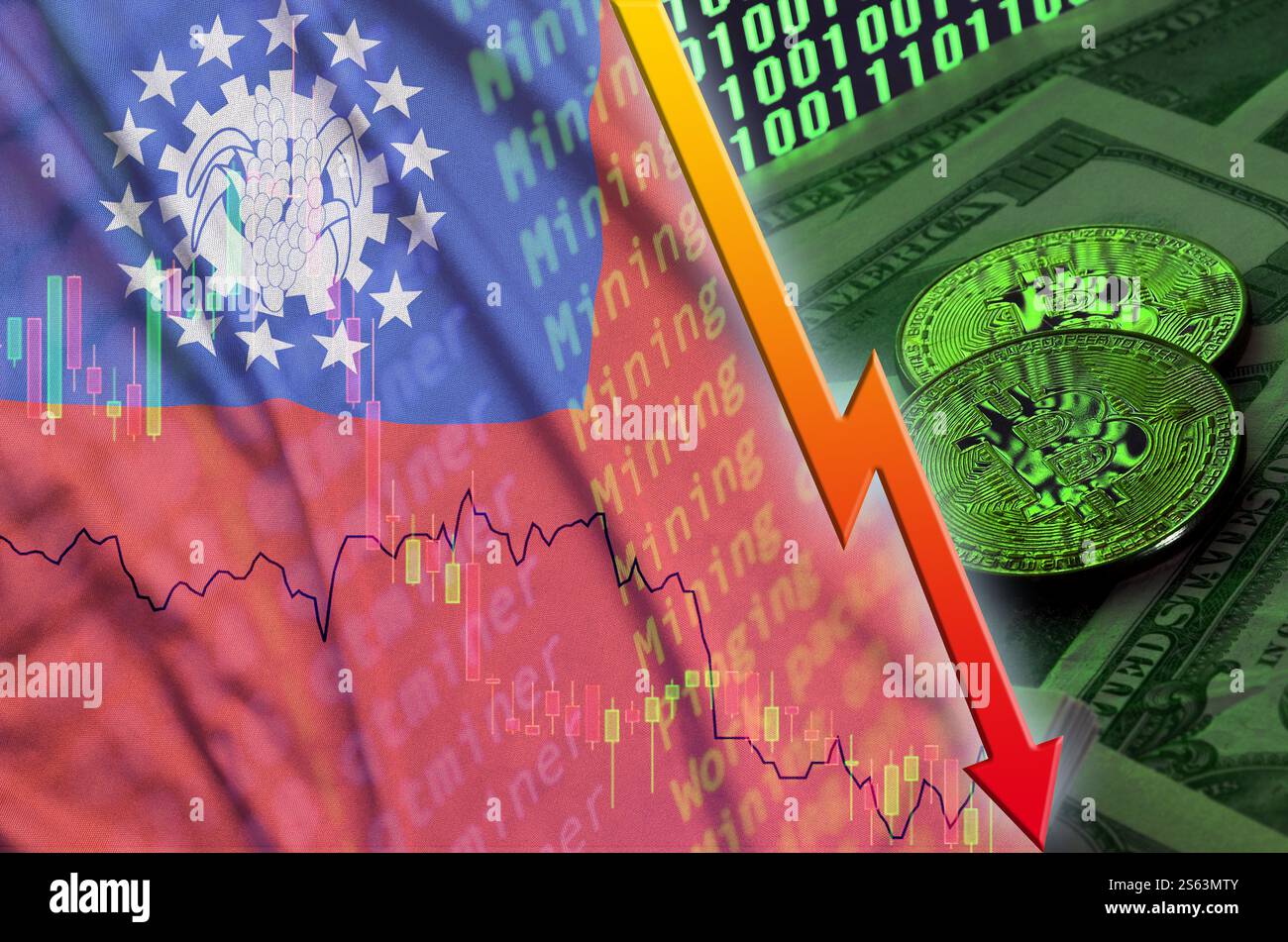Myanmar flag and cryptocurrency falling trend with two bitcoins on ...