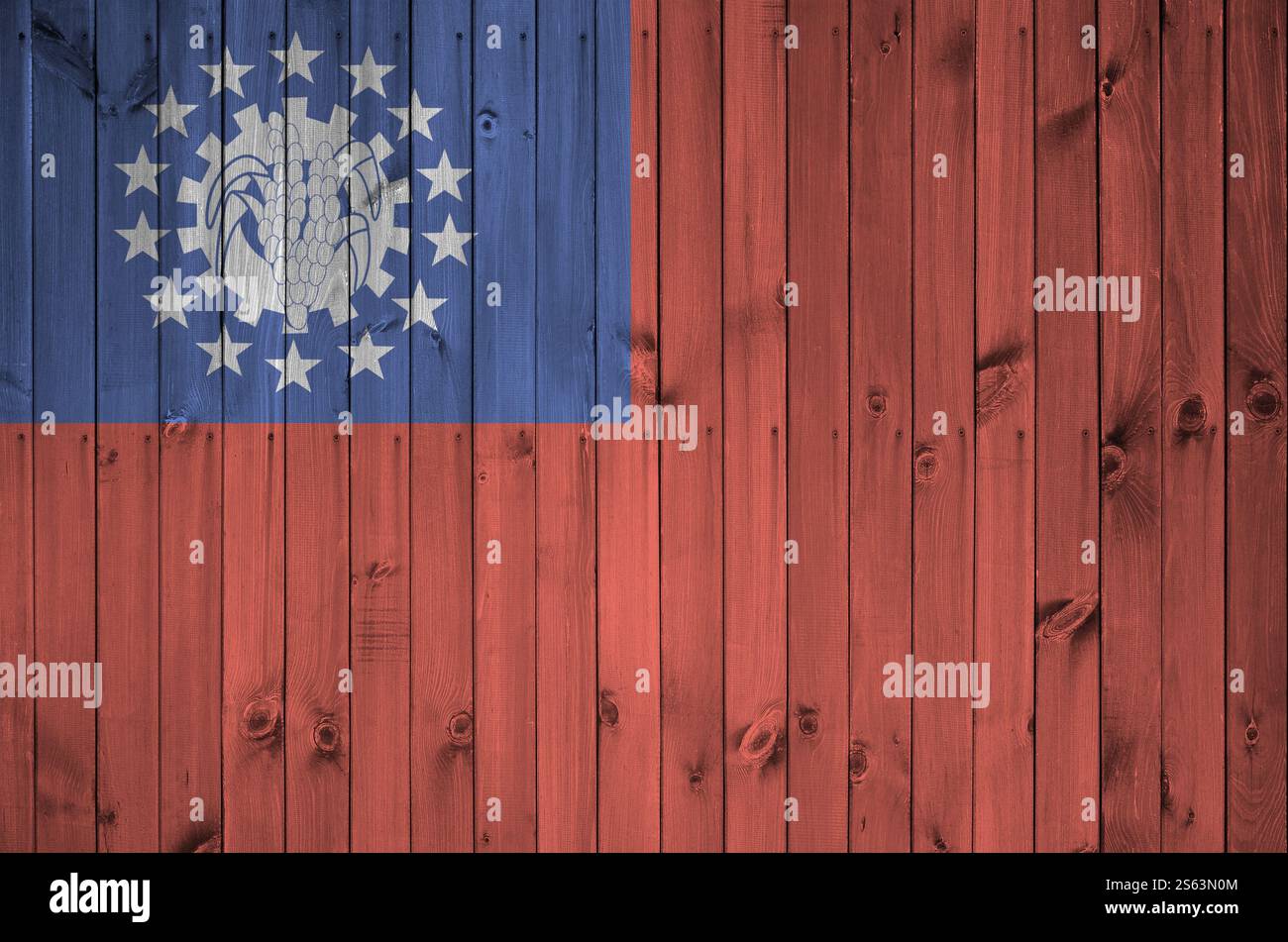 Myanmar flag depicted in bright paint colors on old wooden wall close ...