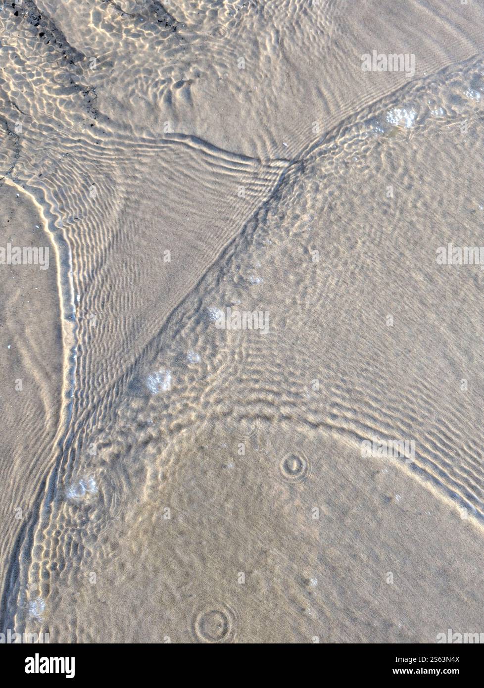 Soft ripples of clear sea water over sandy textures, illuminated by ...