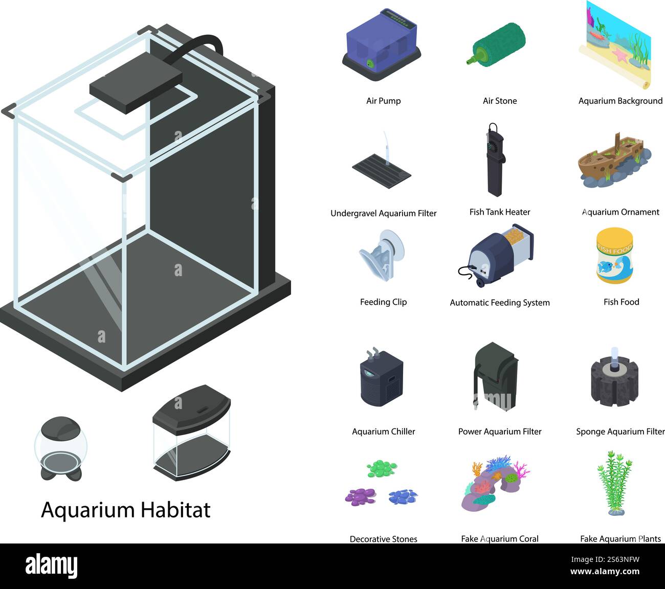 Aquarium icons set. Isometric set of aquarium vector icons for web ...