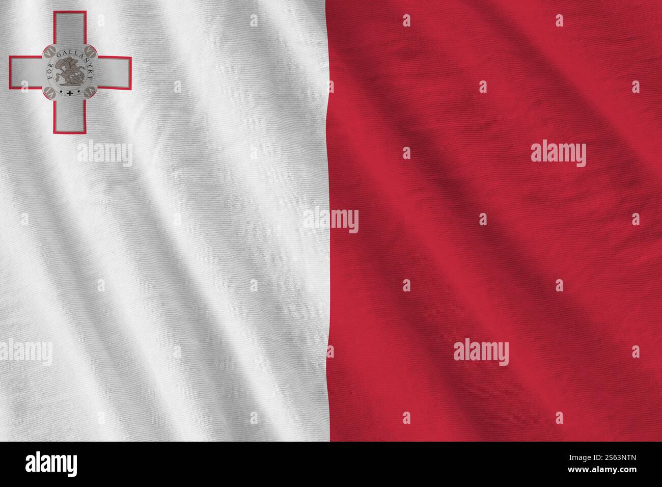 Malta flag with big folds waving close up under the studio light ...