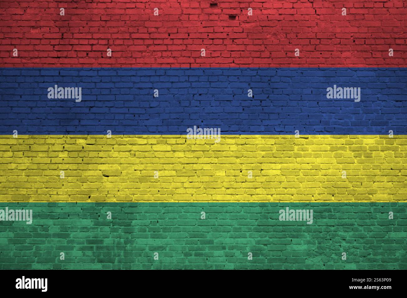 Mauritius flag depicted in paint colors on old brick wall close up ...