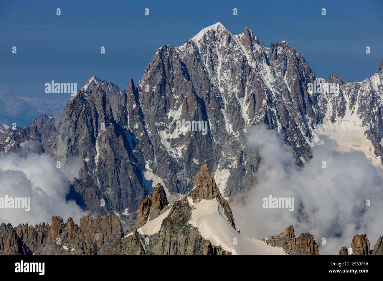 Snow mountain summits and white ice glacier in the Alps. Mont Blanc ...