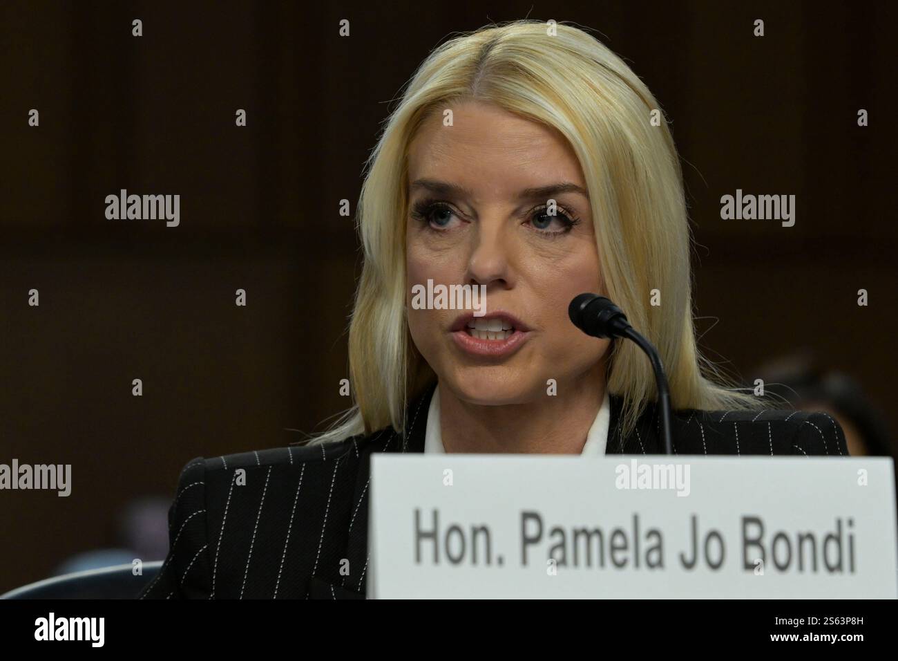 Washington, USA. 15th Jan, 2025. US Attorney Pamela Jo Bondi speaks before Senate Judiciary ...