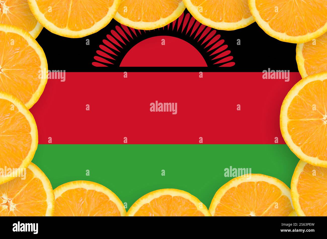 Malawi flag in frame of orange citrus fruit slices. Concept of growing ...