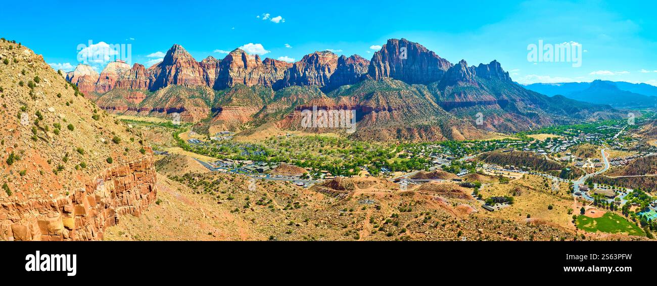 Aerial of Zion National Park Cliffs and Springdale Utah Panorama Stock ...