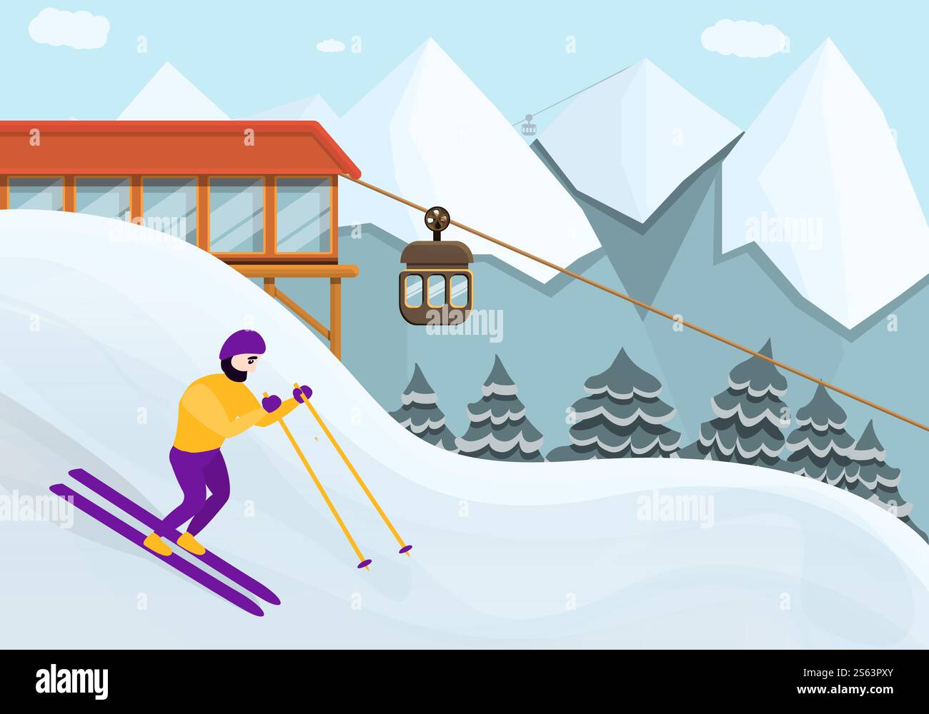 Ski resort concept background. Cartoon illustration of ski resort ...
