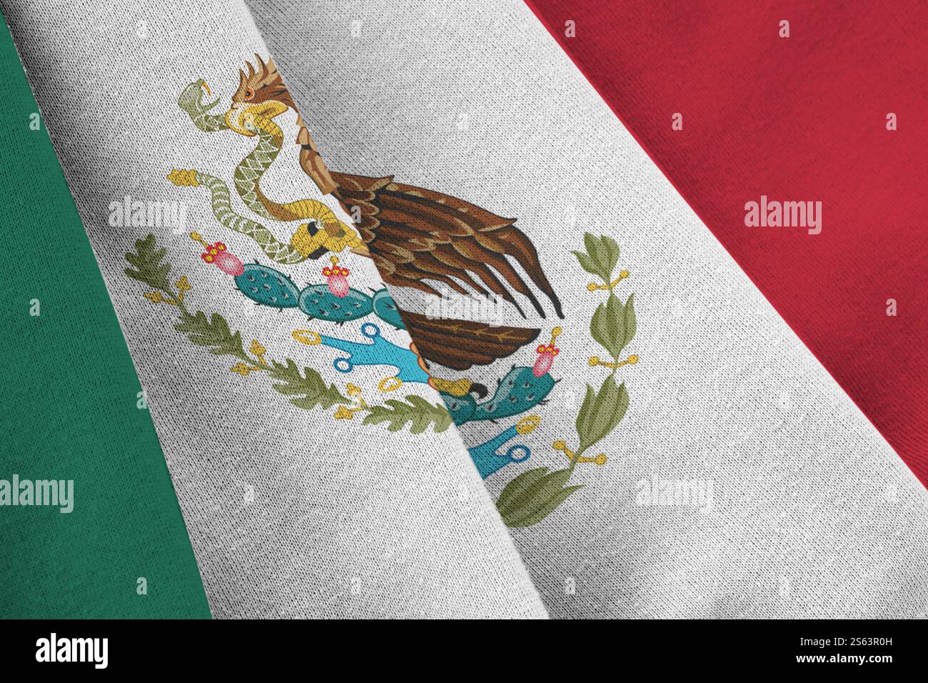 Mexico flag with big folds waving close up under the studio light ...