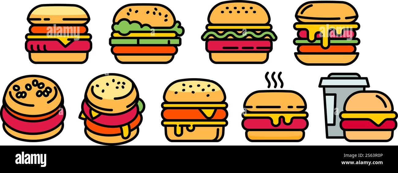 Burger icons set. Outline set of burger vector icons for web design ...