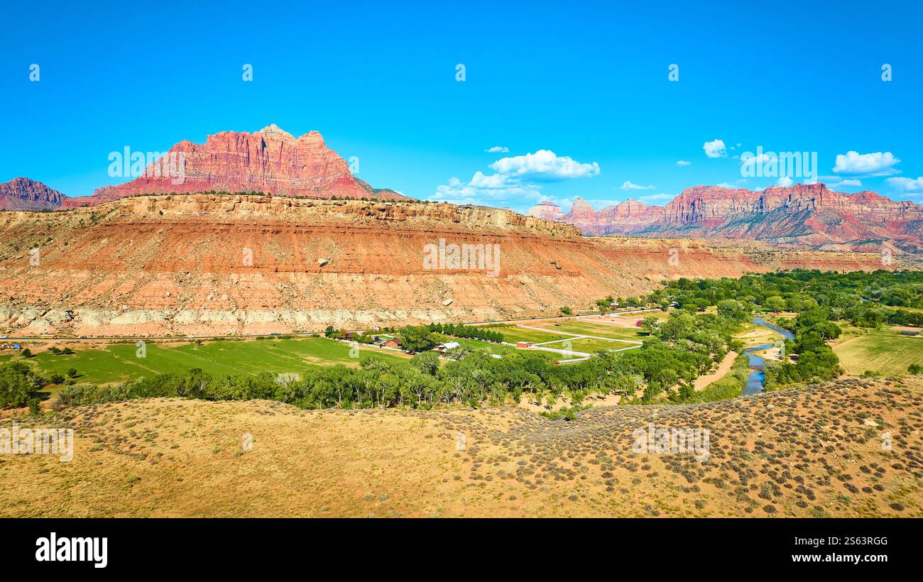 Aerial of Red Rock Formations and Green Valley in Grafton Utah Stock ...