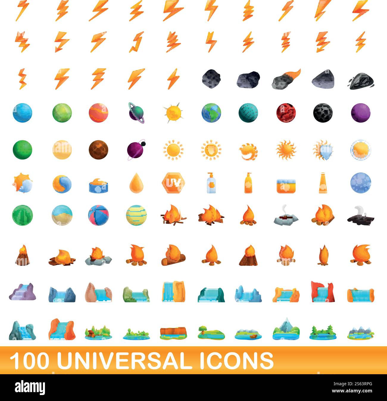100 universal icons set. Cartoon illustration of 100 universal icons ...