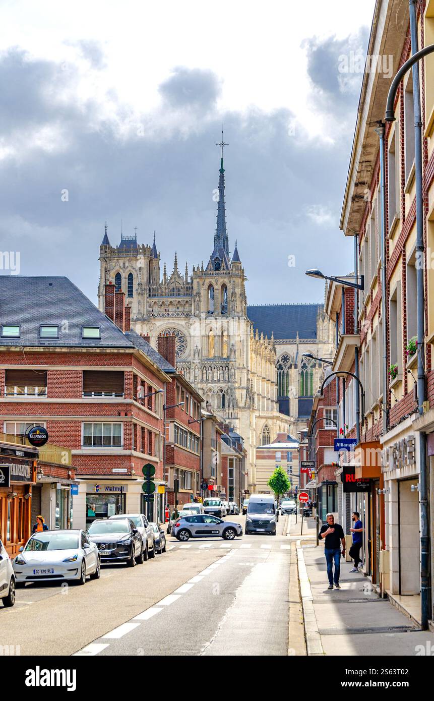 Amiens, France, July 3, 2023: street in historical city centre with ...