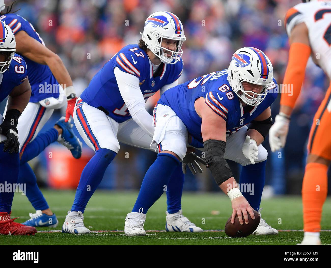 Buffalo Bills quarterback Josh Allen, left, and center Connor McGovern ...