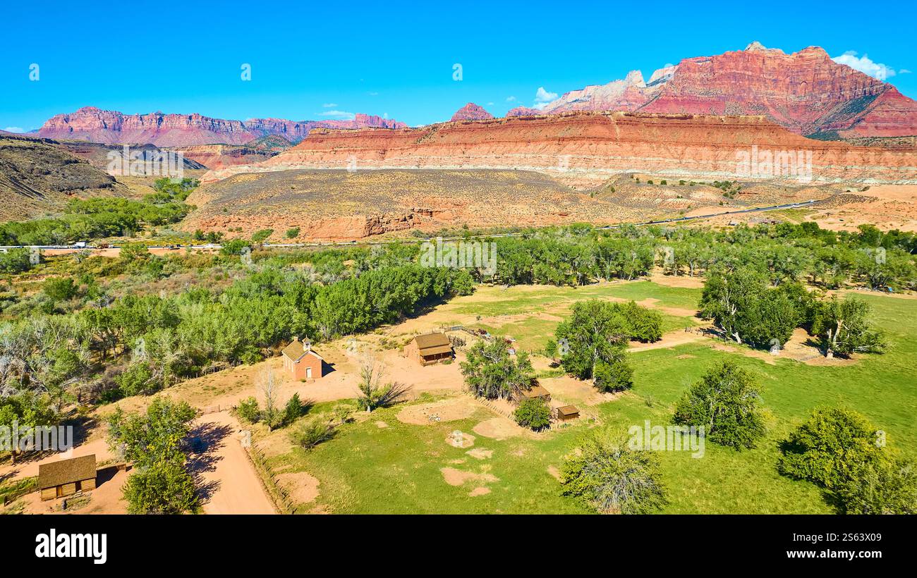 Aerial of Grafton Ghost Town with Red Rock Backdrop in Utah Stock Photo ...