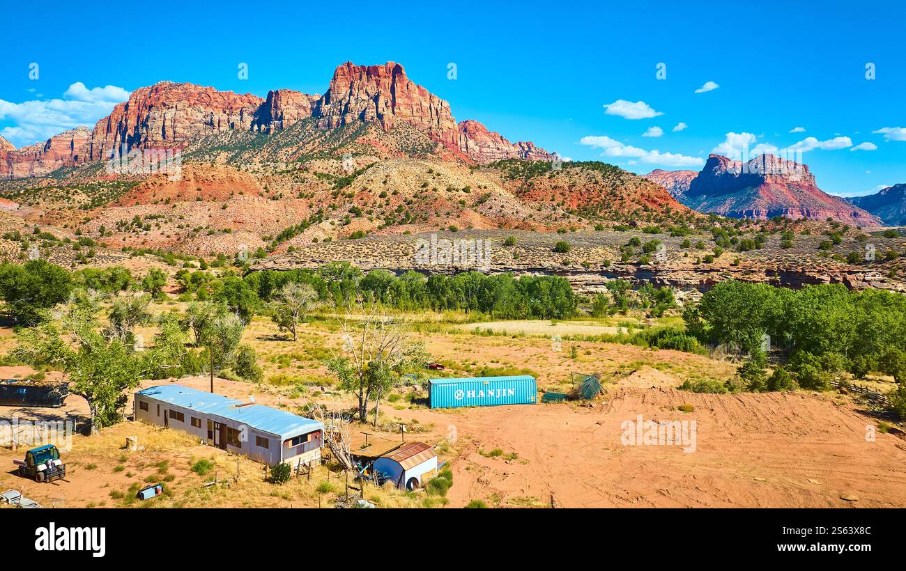 Aerial of Red Rock Formations and Rural Homestead in Utah Stock Photo ...