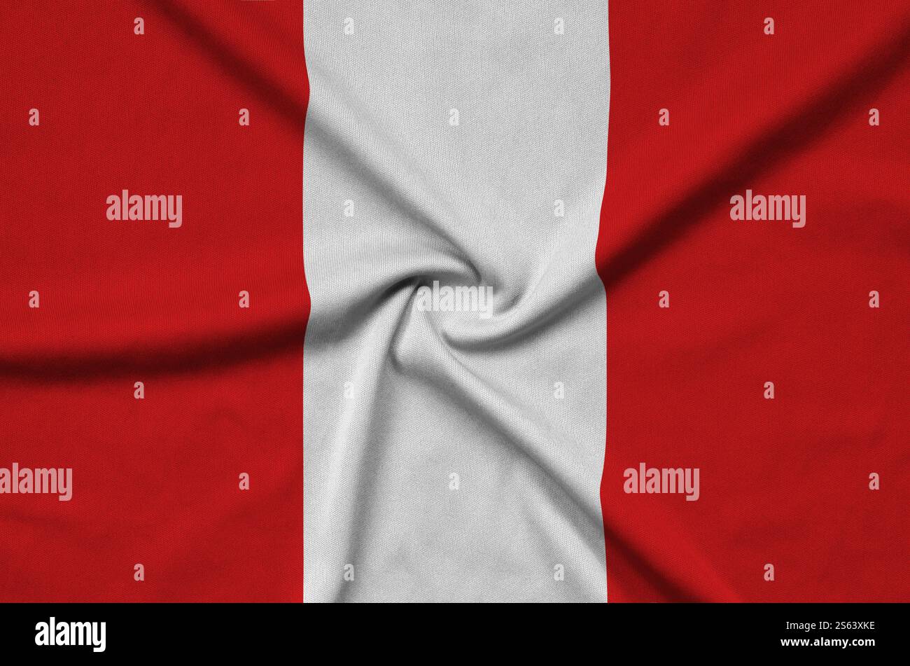 Peru flag is depicted on a sports cloth fabric with many folds. Sport ...