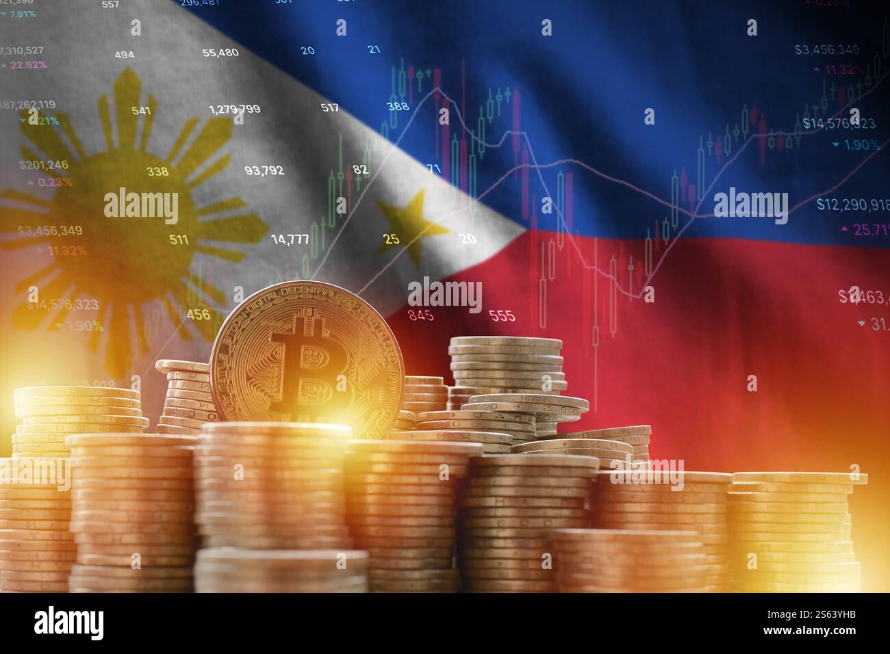 Philippines flag and big amount of golden bitcoin coins and trading platform chart. Crypto ...