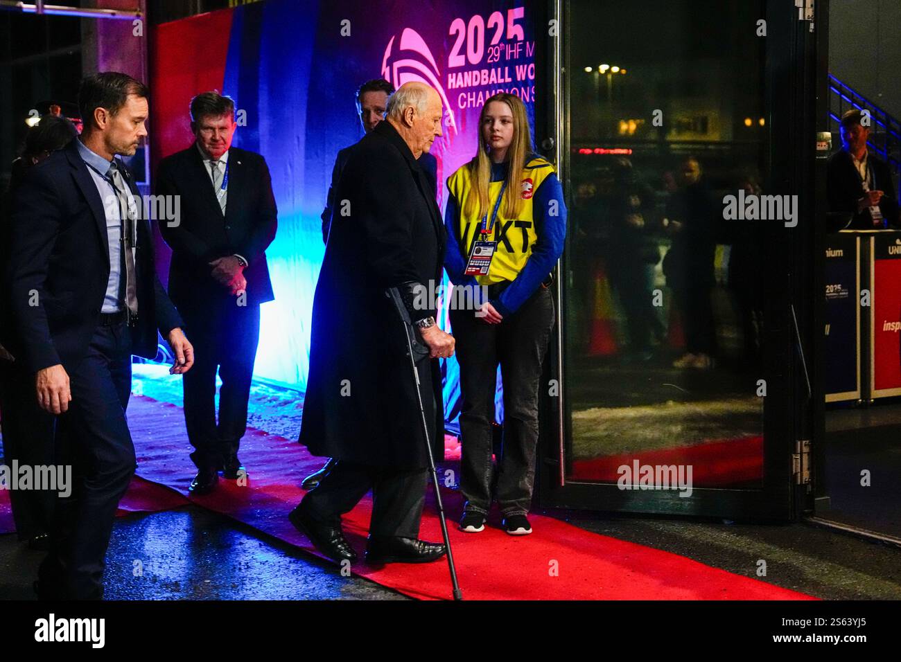 Fornebu 20250115. Norwegian King Harald arrives at Unity Arena before ...
