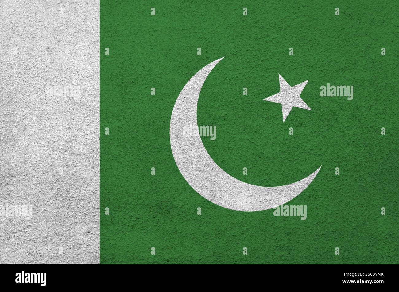 Pakistan flag depicted in bright paint colors on old relief plastering ...