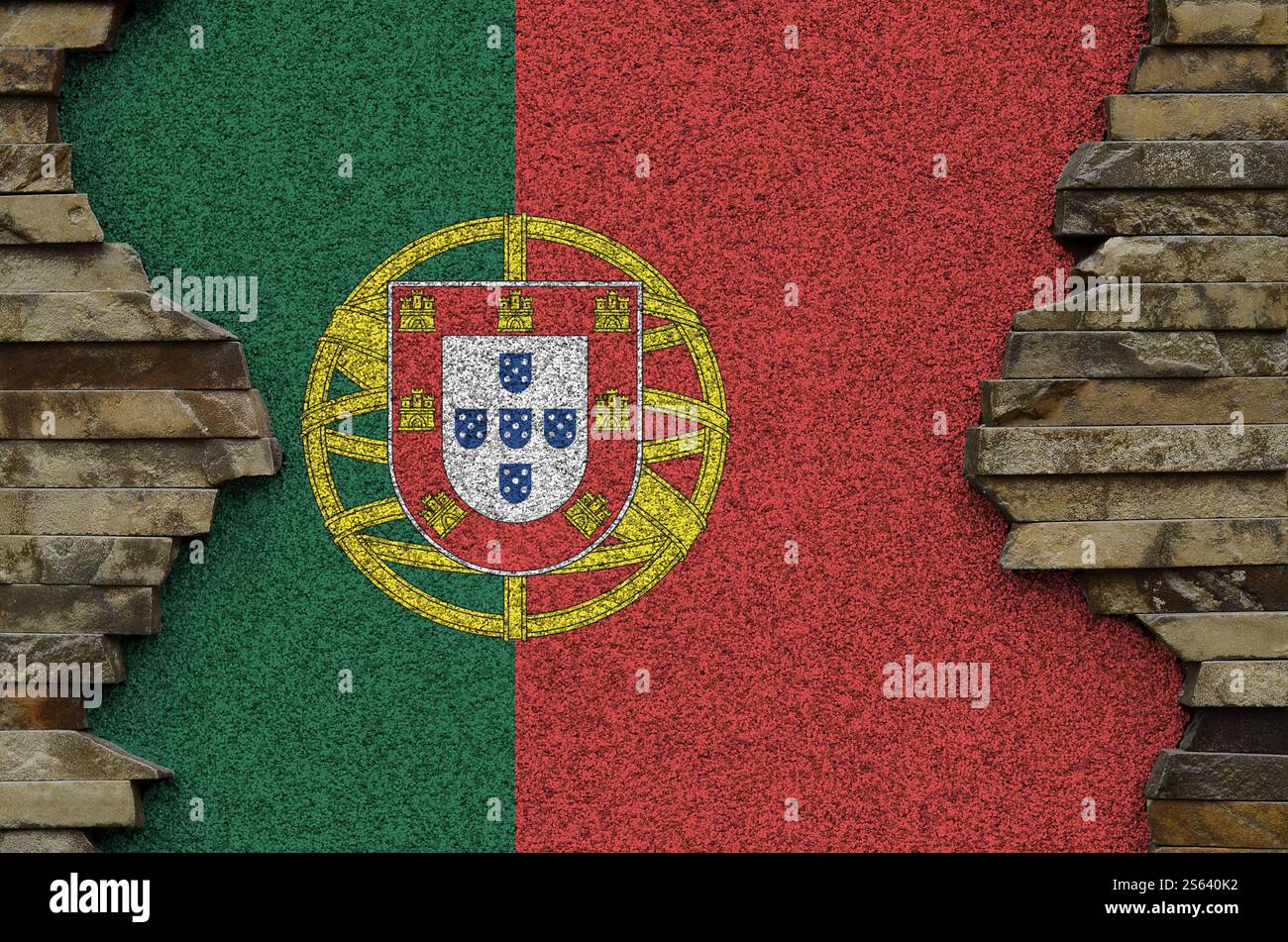 Portugal flag depicted in paint colors on old stone wall close up ...